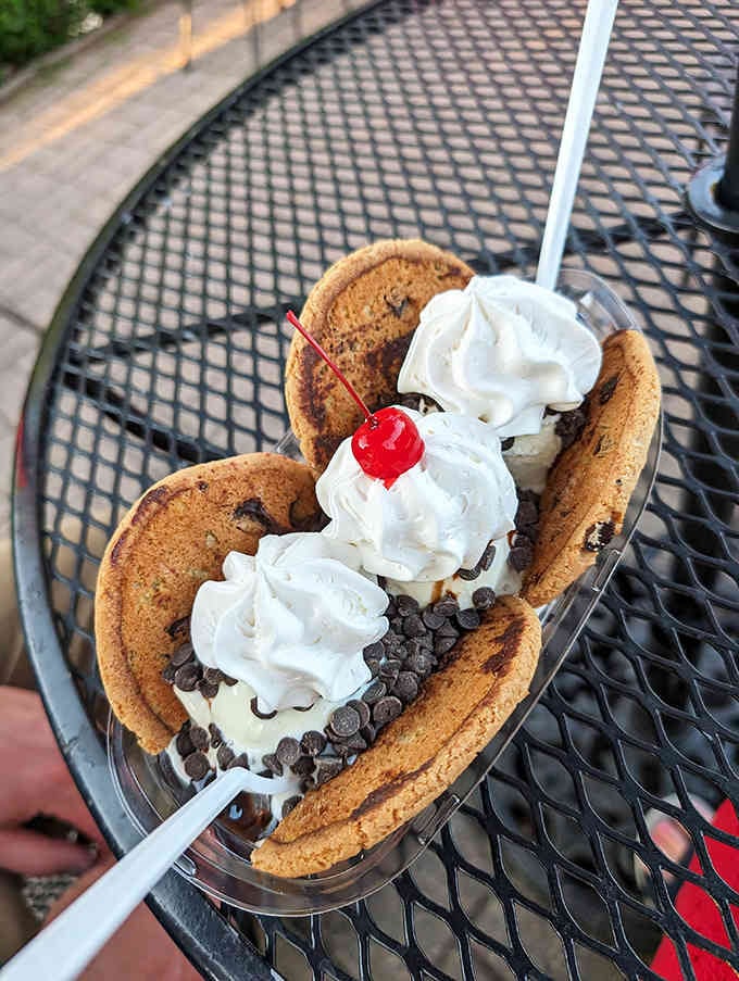 The Cookie Monster Sundae lives up to its name with chocolate chip cookies creating pure cookie-loving chaos.