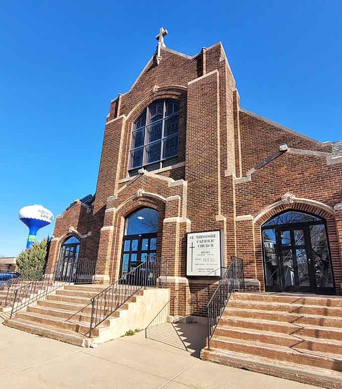 The church's brick facade and arched windows showcase the craftsmanship that built communities one stone at a time.