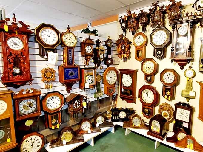 A wall of vintage timepieces proving that they really don't make 'em like they used to, literally.