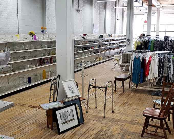 Clean lines, natural light, and endless glassware create a surprisingly zen shopping experience for the bargain hunter.