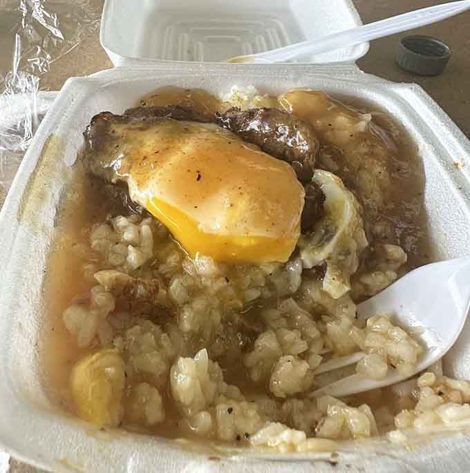Loco moco brings comfort in a bowl: rice, burger patty, gravy, and egg creating Hawaii's answer to ultimate satisfaction.