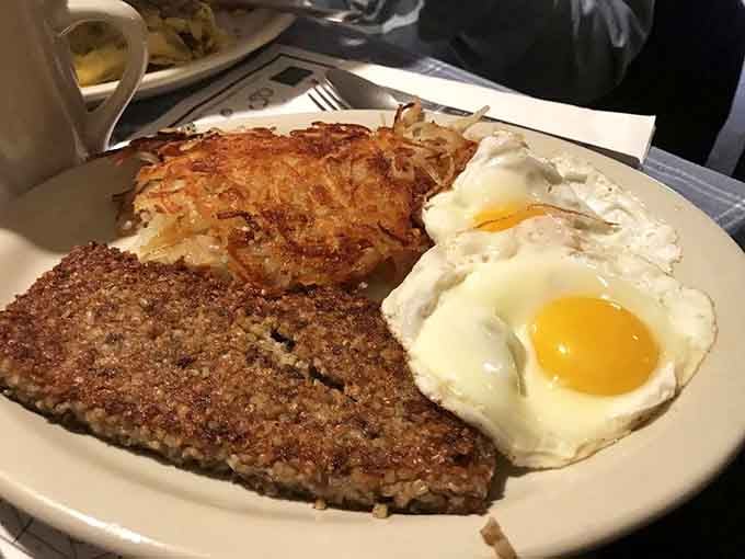 Two perfectly fried eggs, crispy hashbrowns, and sliced goetta&mdash;the holy trinity of Northern Kentucky breakfast done absolutely right.