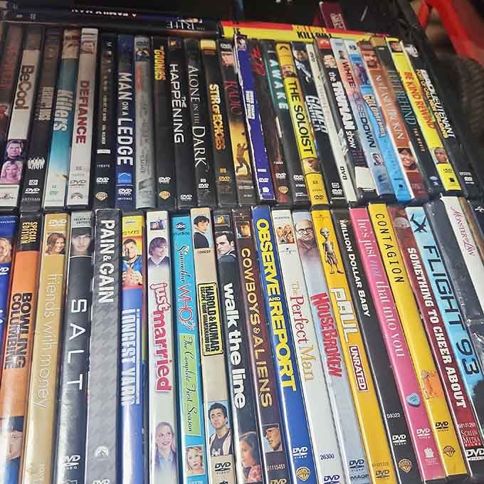 DVDs stacked like the world's best video store never closed, just moved outdoors and slashed all the prices.