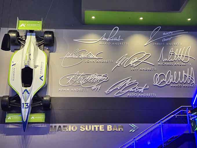 The Andretti family signatures remind you that racing royalty inspired this temple of speed and family fun.