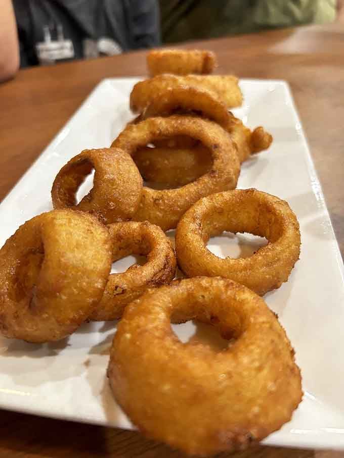 Golden onion rings piled high enough to require engineering skills, crispy perfection that makes vegetables almost seem like a good idea.