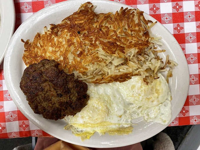 Hash browns so crispy they crackle, eggs cooked just right, and sausage that means business.