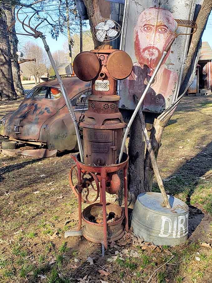 Vintage stoves and household items become robot-like creatures in this imaginative outdoor installation piece.