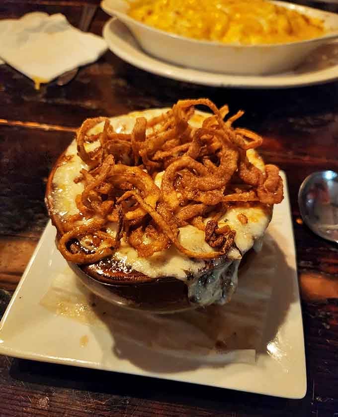 French onion soup crowned with crispy onions and melted cheese is comfort food at its finest hour.