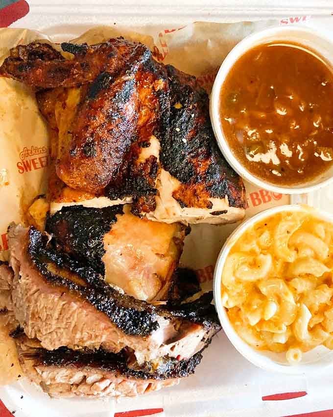 When brisket meets Amish chicken with mac and cheese, your plate becomes a symphony of smoky, savory bliss.