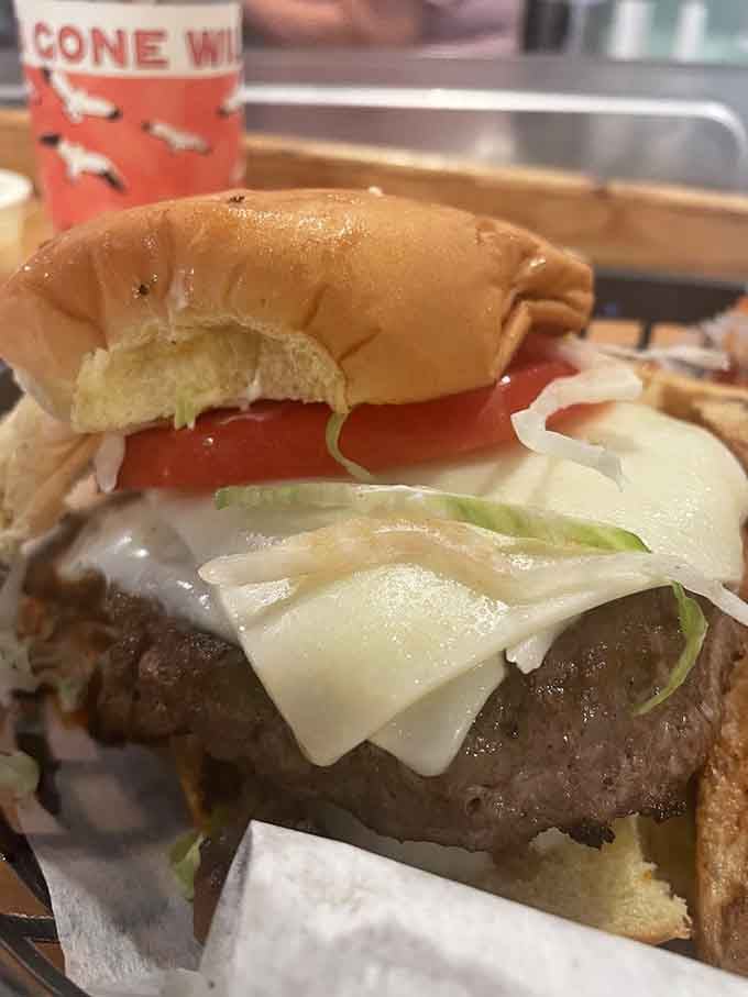 That burger sits there like it knows exactly how good it is, stacked high with cheese melting down the sides.