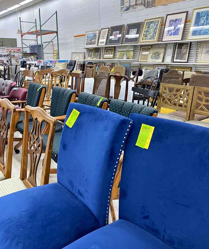 Furniture with stories to tell lines up like guests at a reunion, each piece ready for its next chapter.