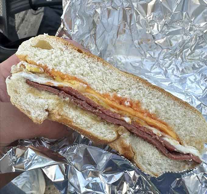 The cross-section tells the whole story: perfectly cooked egg, melted cheese, and that distinctively New Jersey pork roll filling.