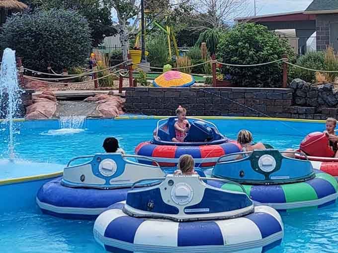 Bumper boats turn ordinary families into naval commanders engaged in the world's friendliest water warfare competition ever.