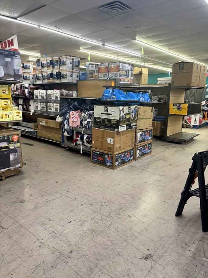 Stacks of boxed merchandise waiting to reveal their secrets, like a discount store version of Let's Make a Deal.