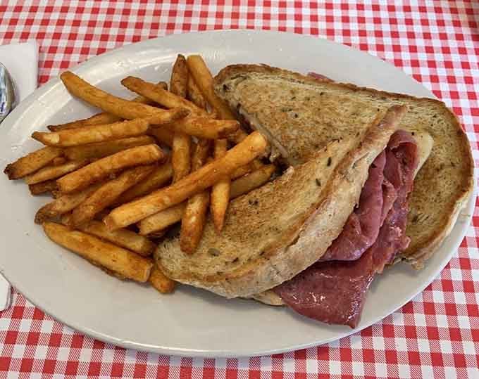 The Reuben arrives stacked high with corned beef, proving that some sandwiches are worth the napkin count.