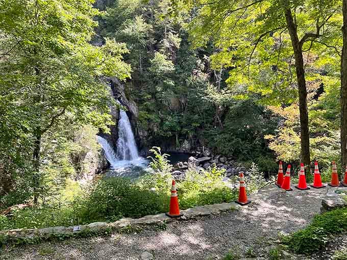Safety cones can't diminish the majesty of 60 feet of cascading water doing its timeless thing.