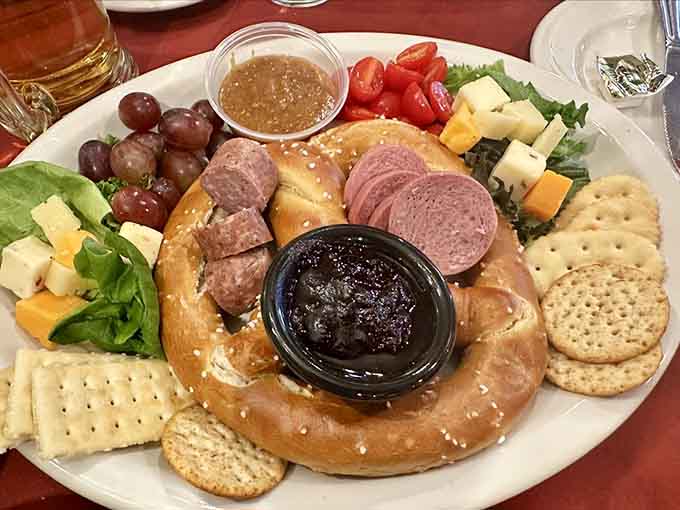 Pretzels, sausages, and cheese arranged like edible art, making charcuterie boards feel suddenly underdressed without lederhosen.