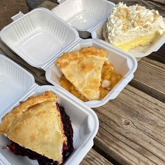 Three different pies ready for takeout means someone's having the best picnic of their entire summer vacation today.
