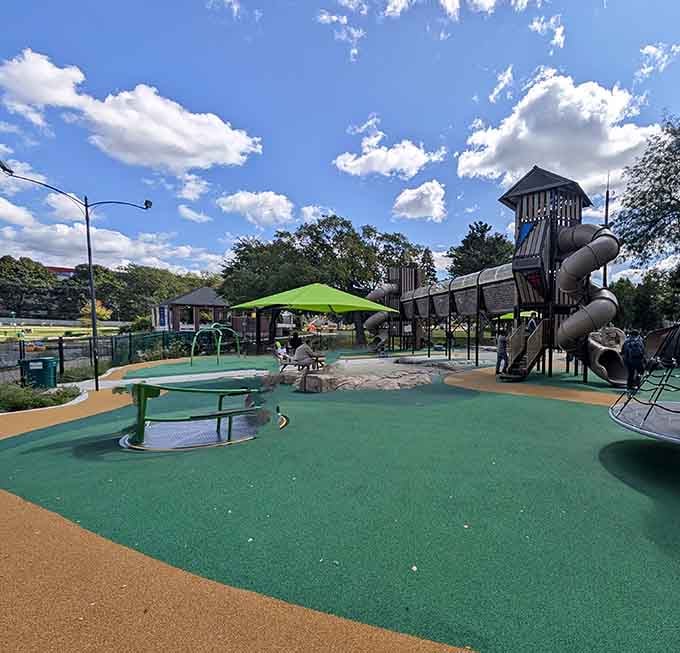 Turtle Island Playground: where grandkids burn energy while you contemplate the engineering marvel of modern play structures.