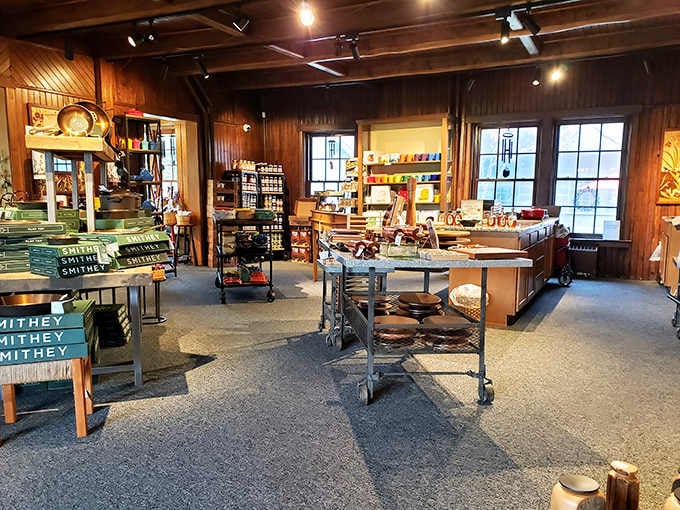 Inside the craft gallery, wood paneling and handmade goods create a shopping experience your credit card won't forget.