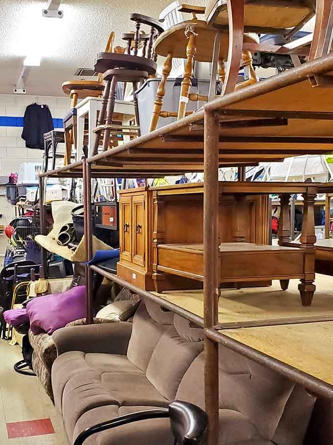 Furniture piled high enough to make you wonder if you're shopping or playing the world's most practical Jenga game.
