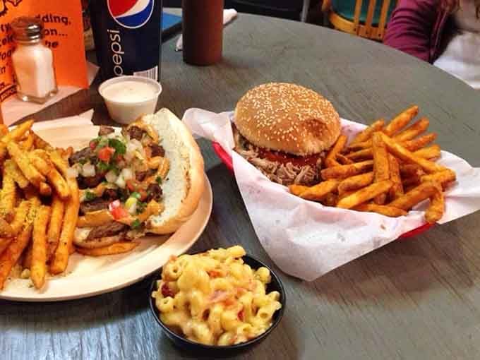 Two sandwiches, fries for days, and mac and cheese that could end family feuds over side dish supremacy.