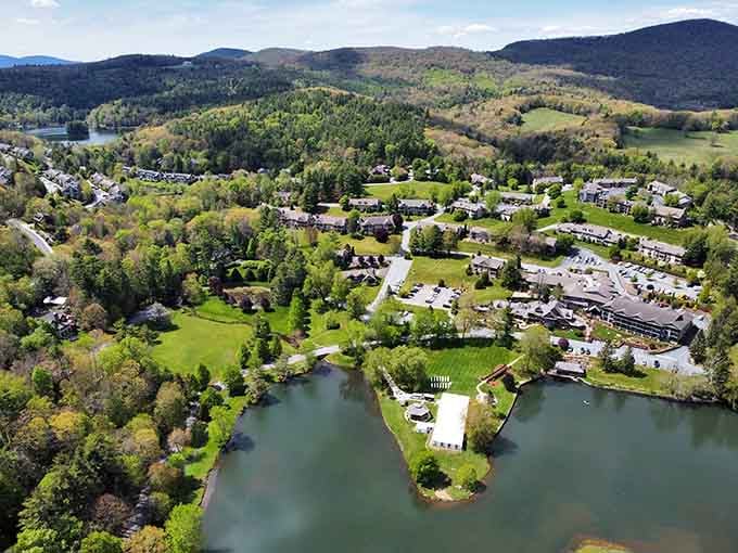An aerial view of lakeside serenity that makes you wonder why anyone would choose to live anywhere remotely flat.