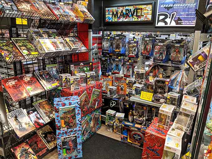 Marvel merchandise fills every available surface, turning a simple meal into a treasure hunt for collectors.