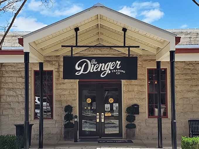 The Dienger Trading Co. storefront combines limestone charm with modern style, proving old buildings can absolutely learn new tricks.