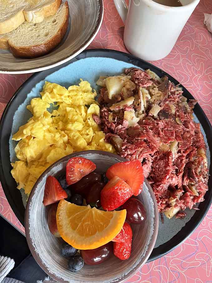 Corned beef hash done right with crispy potatoes and eggs—comfort food that actually lives up to the hype and then some.