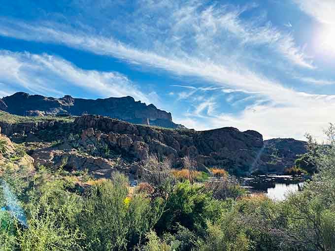 That mountain backdrop makes every photo look like a professional landscape photographer showed up to your casual stroll.