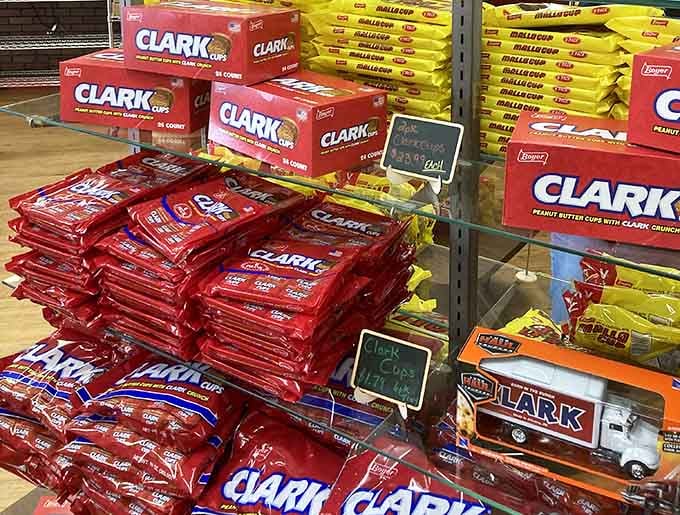 Clark Bars lined up like soldiers of nostalgia, ready to transport you back to simpler, sweeter times.