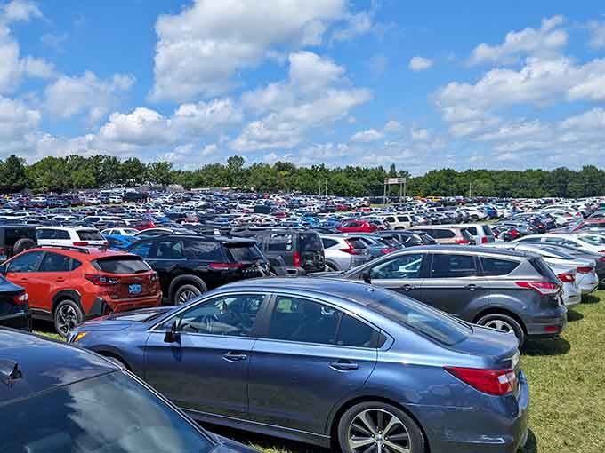 Modern cars stretch endlessly, proof that time travel attracts quite the crowd every single summer weekend here.
