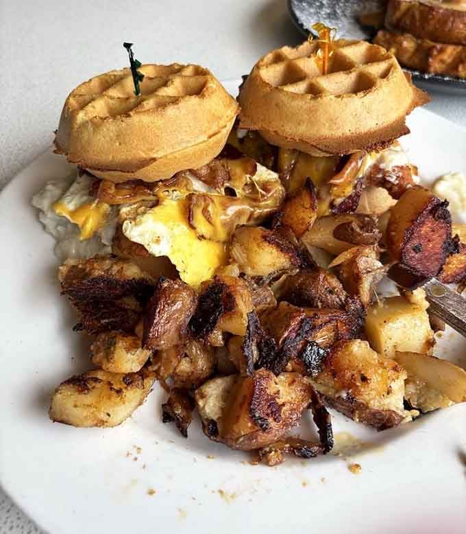 A waffle sandwich that turns breakfast into an architectural marvel you can actually eat with your hands.