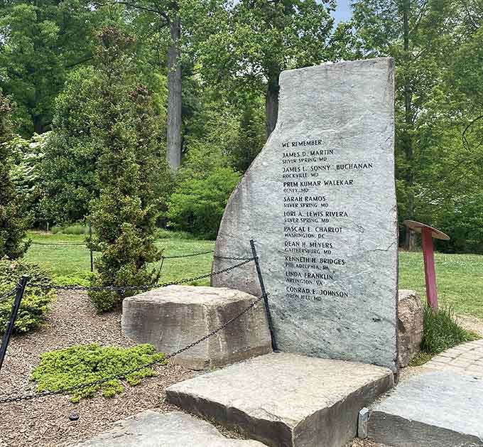 Even memorials find peace here, surrounded by green serenity that honors reflection in every sense.