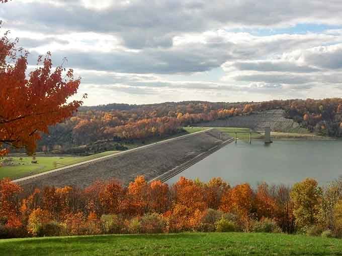 Autumn transforms the dam into a postcard that makes you wonder why you ever considered leaving Indiana.