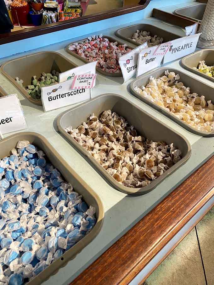 Saltwater taffy bins overflow with twisted treasures, each flavor a tiny vacation for your mouth.