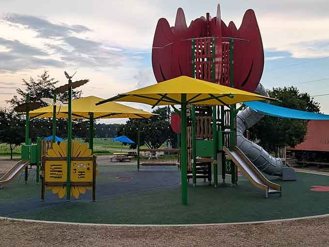 Even the playground gets the floral treatment with a giant tulip structure that makes regular playgrounds look embarrassingly boring.