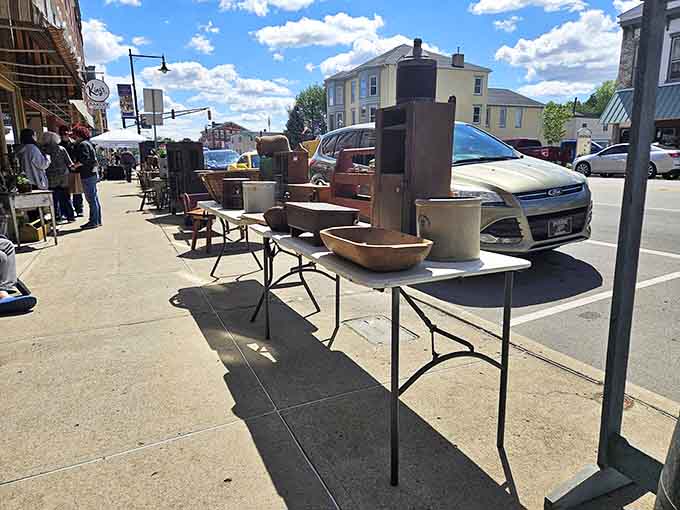 Sidewalk shopping means you can browse vintage copper and crocks while getting your daily steps in.