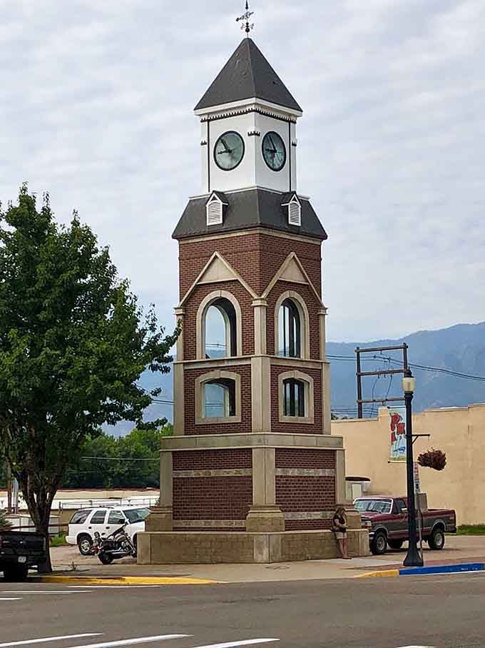 The clock tower stands as downtown's timekeeper, a brick sentinel reminding everyone that some things shouldn't rush.