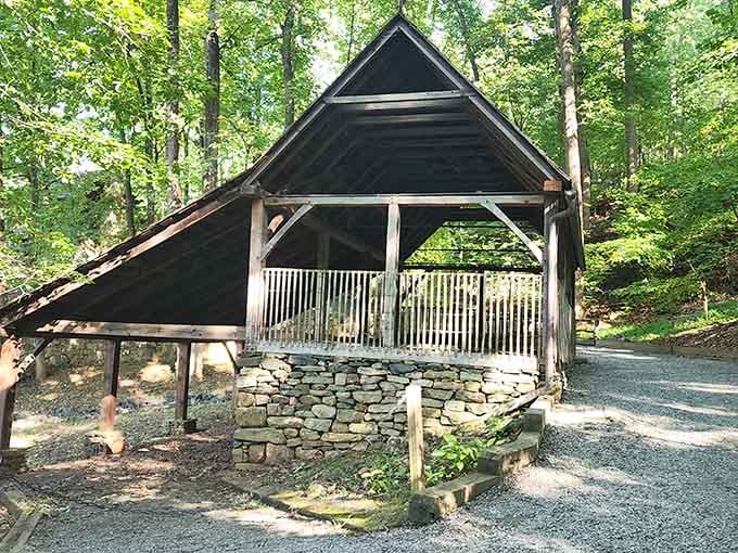 Even the picnic shelter here looks like it belongs in a storybook about mountain retreats.
