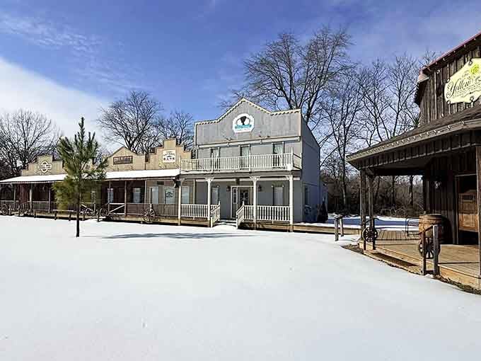Winter transforms the town square into a frosted frontier scene, proving this Old West experience shines in every season.