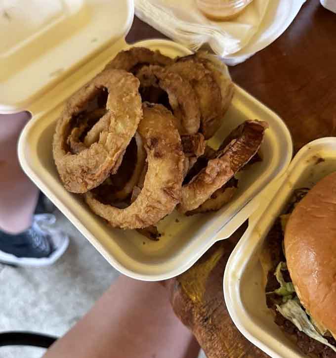 Golden onion rings stacked like edible architecture, crispy enough to hear from across the table when someone takes a bite.