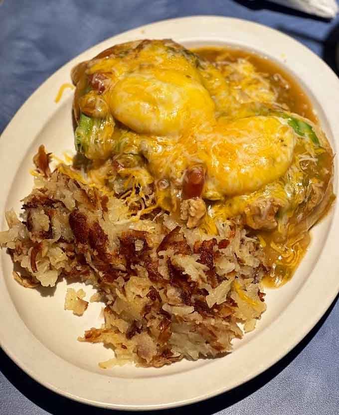 Eggs Benedict went to Greece and came back with green chili&mdash;this fusion works better than it has any right to.