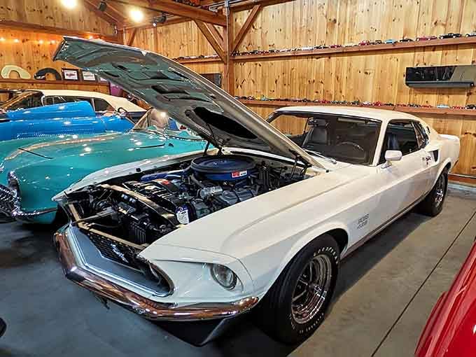 That white Mustang's engine bay is so pristine you could practically eat off it, though we don't recommend trying.
