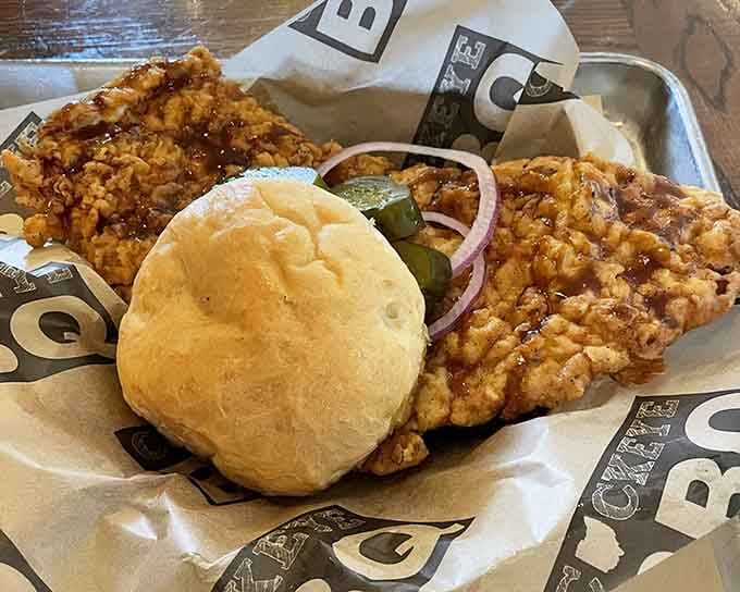 Golden, crispy, and roughly the size of a catcher's mitt, this tenderloin doesn't believe in portion control.