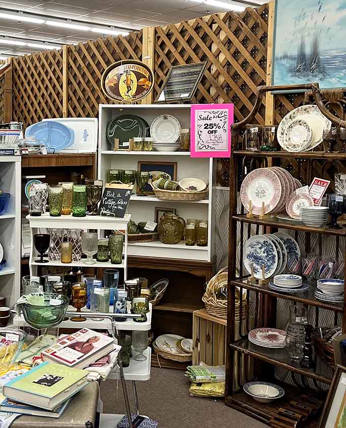 Glassware and dishes stacked like edible memories, each piece once graced someone's special Sunday dinner table.
