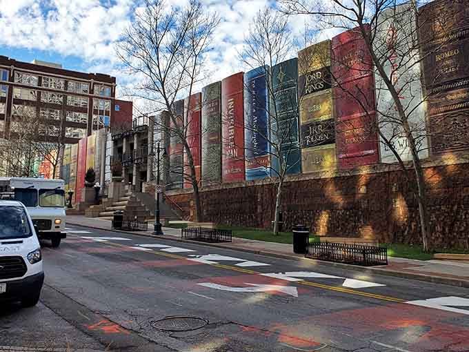 The whole block becomes a reader's paradise where classic literature meets modern urban design beautifully.