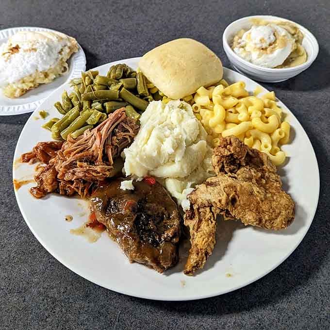 Fried chicken, pulled pork, mac and cheese, and mashed potatoes prove that happiness is absolutely edible.