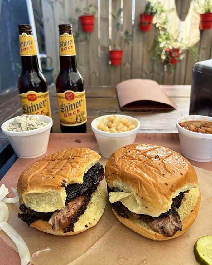 When brisket meets a soft bun and you've got Shiner Bock backup, life suddenly makes perfect sense.